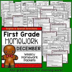First Grade Homework - December (English and Spanish Directions) - A ...