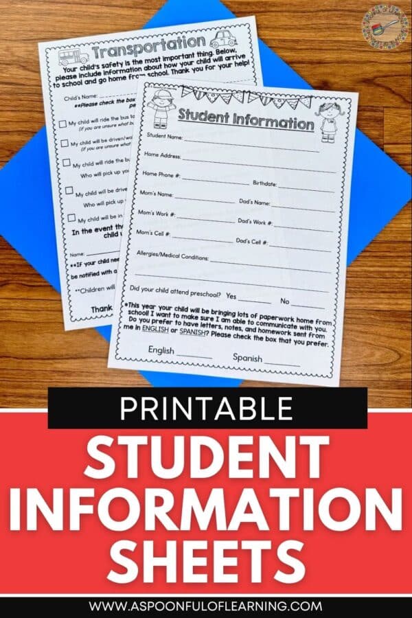 Printable Student Information Sheets - A Spoonful of Learning