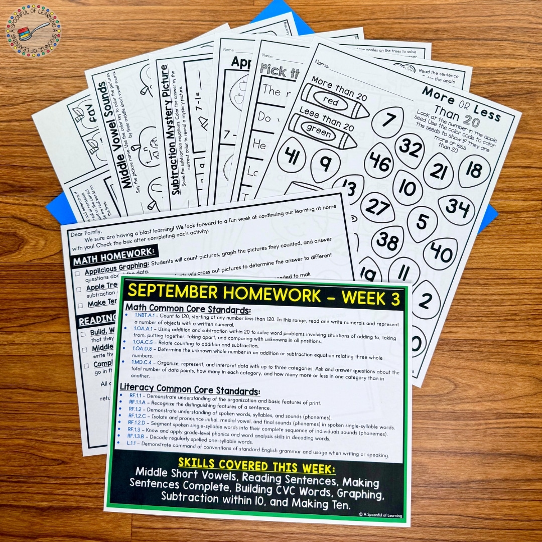 September Homework for First Grade - A Spoonful of Learning