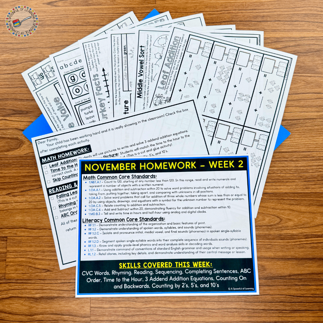 November Homework for First Grade - A Spoonful of Learning